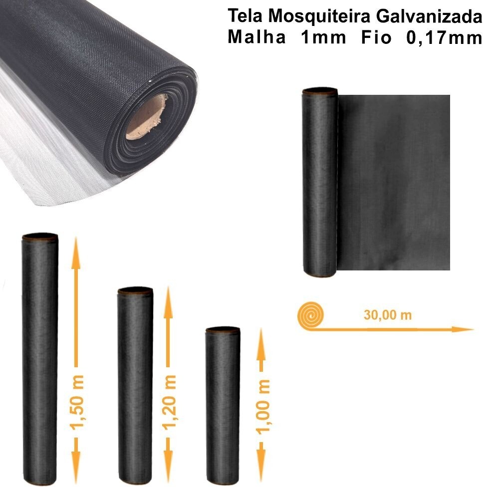 Tela Maxi Vision Inox Malha 20 Fio 0,17mm Rev. PVC Preto - 1,50x1,00m